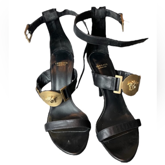 Versace | Shoes | Versace Gold Medallion Black Heels Sandal | Poshmark